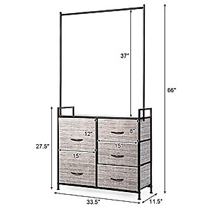 Tangkula Fabric Drawer Dresser w/Clothes Rack, Storage Organizer with Metal Frame and Wooden Top, Closet Organizers and 5 Storage Drawers for Clothes, Toys, for Hallway, Bedroom (Gray)