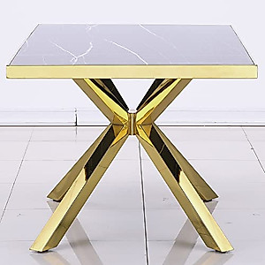 AZhome 63 inches Rectangular Dining Table, Modern Dining Room Table with Gold Stainless Steel Metal X-Base in Black Gold