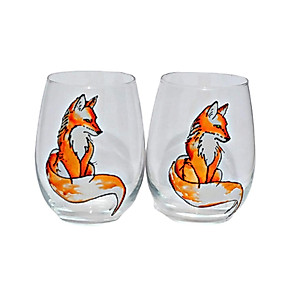 Red Fox Hand Painted Stemless Wine Glass Set of 2 Fall Farmhouse Home Decor