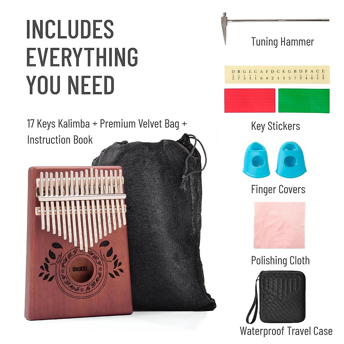 UNOKKI Kalimba 17 Key Thumb Piano with Ore Steel Tines, Includes Hard Case, Portable Mahogany Mbira with Instruction, Finger Covers & Tune Hammer, Gift for Kids, Adults, Men and Music Lovers (Cherry)