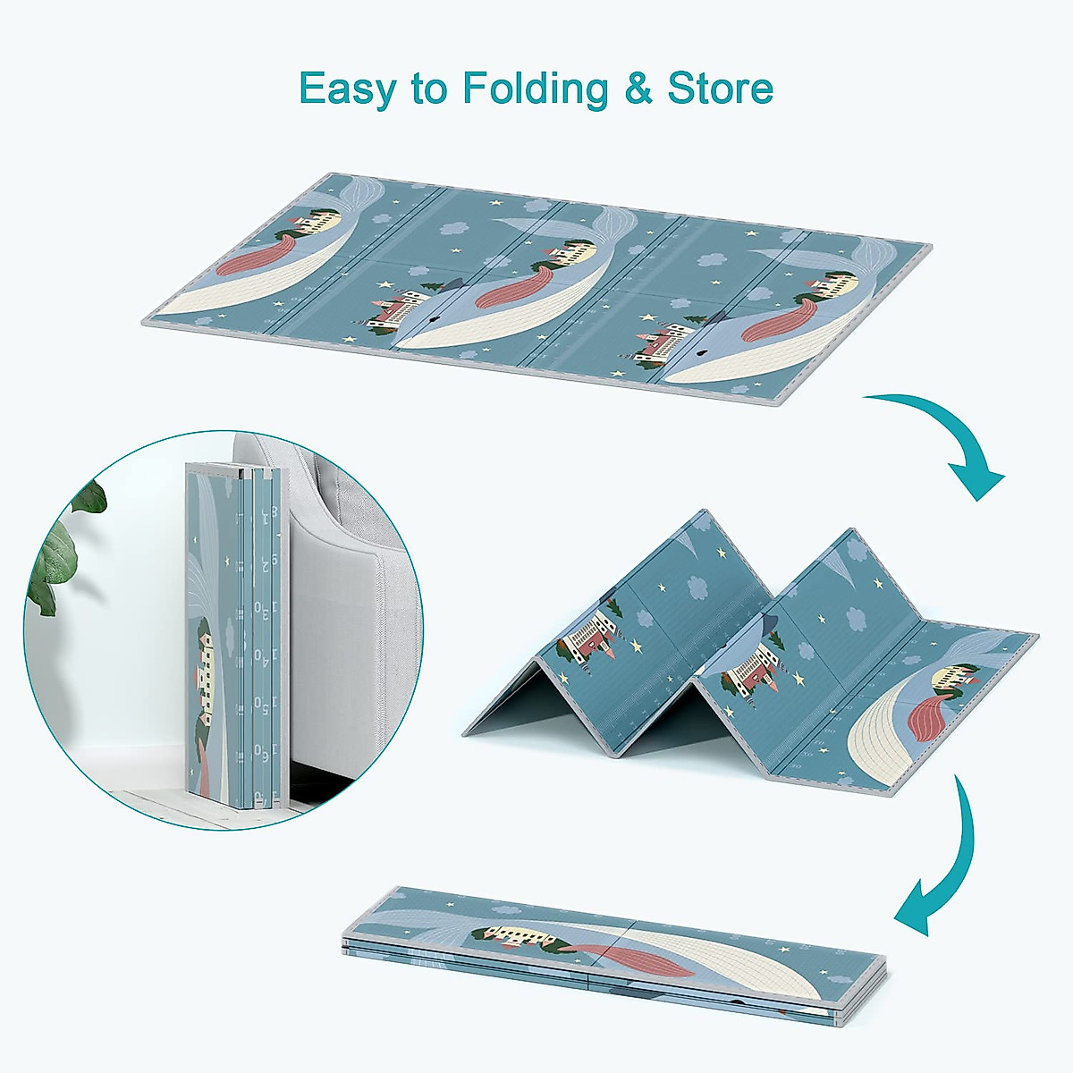 YOOVEE Foldable Baby Play Mat for Crawling, Extra Large Play Mat for Baby, Waterproof Non Toxic Anti-Slip Reversible Foam Playmat for Baby Toddlers Kids (Whale)