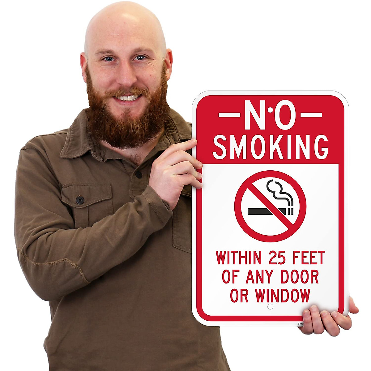 SmartSign 18 x 12 inch “No Smoking - Within 25 Feet of Any Door Or Window” Metal Sign, 63 mil Laminated Rustproof Aluminum, Red, Black and White
