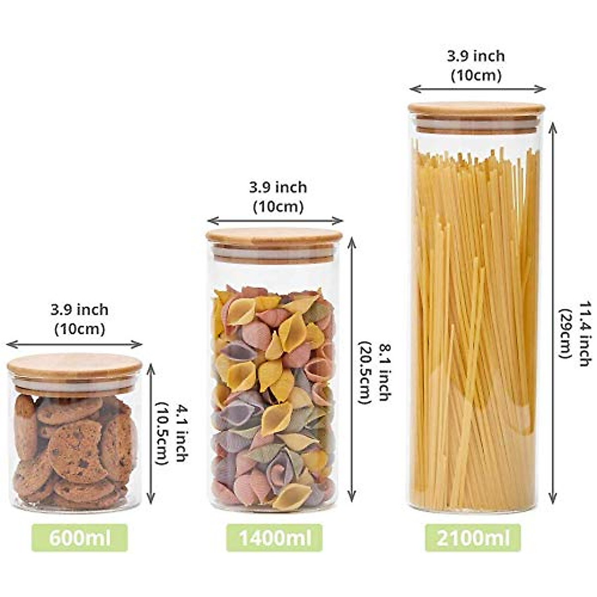 LEAVES AND TREES Y Stackable Kitchen Canisters Set, Pack of 5 Clear Glass Food Storage Jars Containers with Airtight Bamboo Lid for Candy, Cookie, Rice, Sugar, Flour, Pasta, Nuts