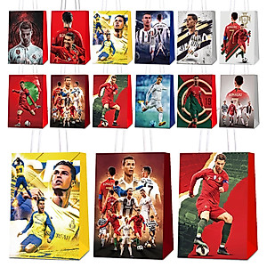 Mukity 24 Pcs Soccer Party Gift Bags - Soccer Party Supplies Candy Bags, Tote Bags, Gift Bags for Kids - Paper Favor Packs for Adults Birthday Party Decor - 12 Patterns