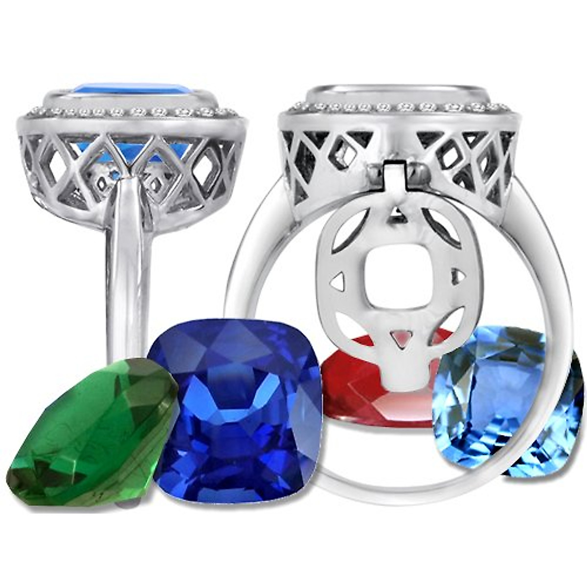 Switch-It Gems Cushion-Cut Simulated Blue Topaz Halo Ring Total of 12 Simulated Stones Sterling Silver Size 8