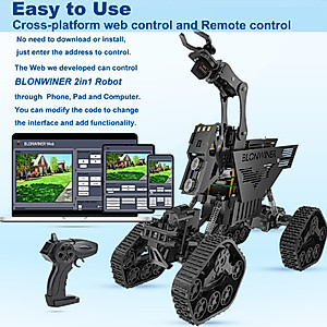 BLONWINER Robot Car Kit, 2 in 1 Smart Robotics Arm Building Toy for Raspberry Pi Python Coding, STEM Programming Tank Kits with Camera (Without RPi Board)