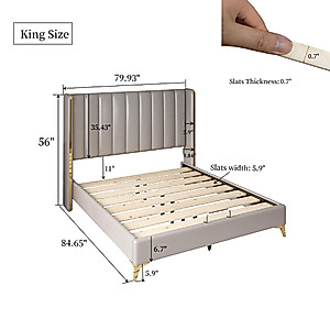 King Size Bed Frame, Upholstered Platform Bed with Tall Channel Tufted Headboard, Classic Modern Grey Mattress Foundation with Thickening Pine Wooden Slats and Metal Leg, No Box Spring Needed