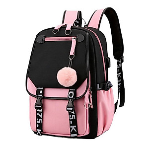 MONMOB Backpack Laptop bag School Bag Bookbag with USB Charging&Headphone Port(Black&Pink)