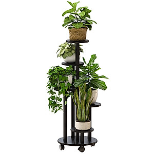 Black Plant Stand with Wheels, 5 Tiered Bamboo Tall Plant Stands for Indoor Plants Multiple, Corner Plant Stand for Window Garden Balcony Living Room Outdoor