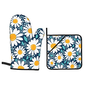 Oven Mitts and Pot Holders Sets of 4 High Heat Resistant Daisy Flowers Oven Mitts with Oven Gloves and Hot Pads Potholders for Kitchen Baking Cooking BBQ Non-Slip Cooking Mitts