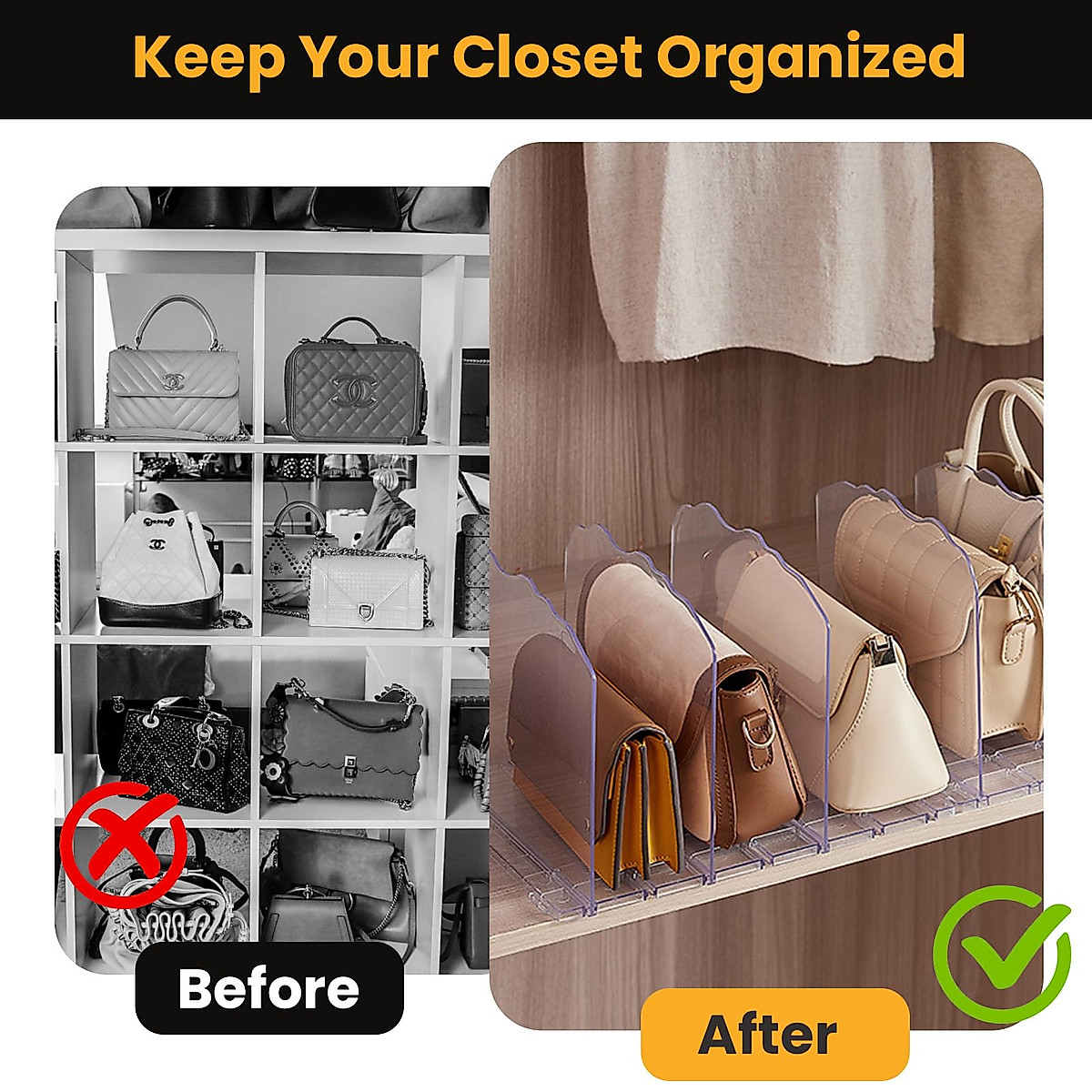 CINPIUK Adjustable Closet Shelf Divider Acrylic Purse Organizer for Closet, Clear Handbag Shelf Dividers, Detachable Separator Rack for Bedroom, Kitchen, Office, Bathroom, 10 Compartments