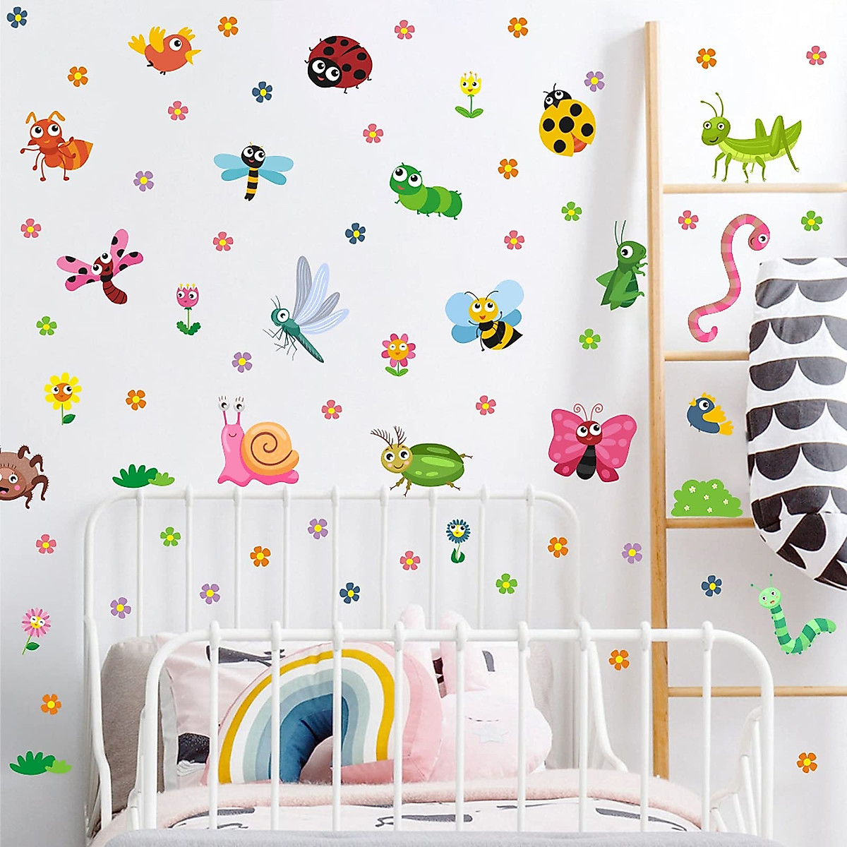 Maydahui Cartoon Insect Wall Decals Stickers (50 x 50 Inch) Butterfly Ant Flower Leaf Caterpillar Ladybug Dragonfly Mantis Snail Bird Little Bee Snake Cloud Butterfly DIY Removable Cute Animals Wall