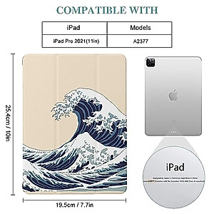 Hand Drawn Waves Tablet Case Compatible with iPad Pro 2021 11 Inch with Pencil Holder Slim Lightweight Three Fold Tablet Case Cover
