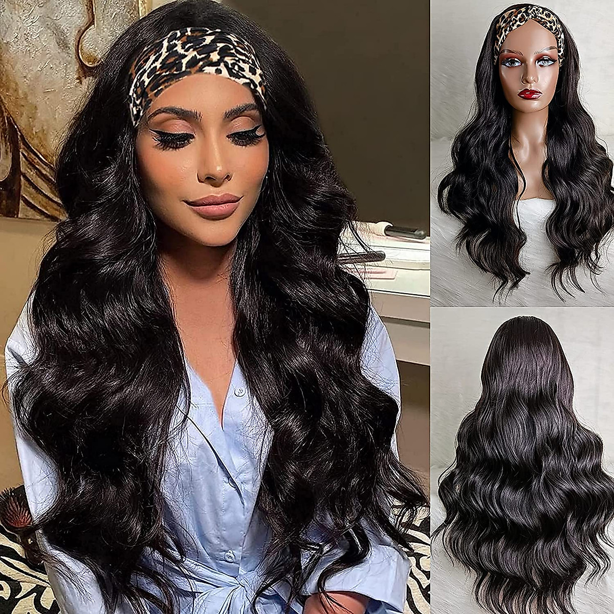 GDWIGS Long Wavy Headband Wig for Black Women Synthetic Headband Wigs 180% Density Body Wave Headband Wig Full Ends Glueless Headband Wigs Heat Resistant 22inch