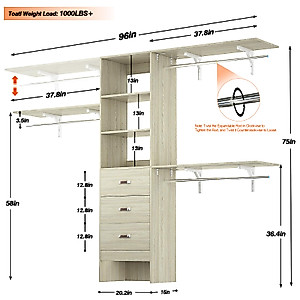 Armocity 96 Inches Closet System, 8FT Walk In Closet Organizer with 3 Shelving Towers, Heavy Duty Clothes Rack with 3 Drawers, Built-In Garment Rack, 96"L x 16"W x 75"H, Load 1000 LBS, White Oak