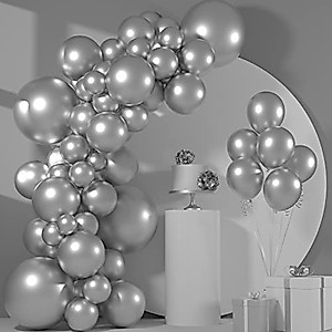 FEPITO Metallic Silver Balloons Garland Kit 84 Pcs Chrome Silver Balloon Different Sizes Pack 18 12 10 5 Inch Silver Party Balloons for Wedding Birthday Graduation Anniversary Bridal Silver Party Decor