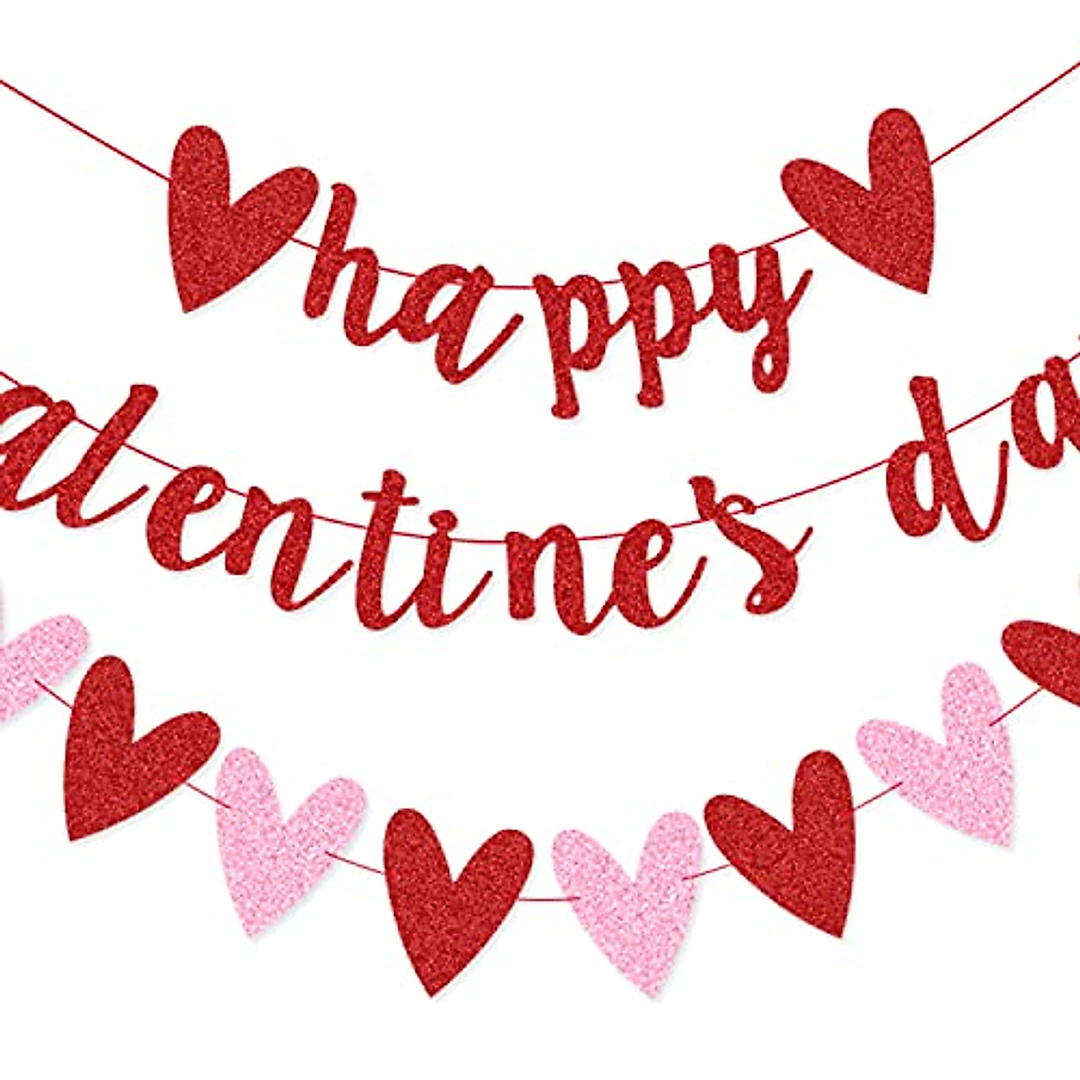 Red Glittery Happy Valentines Day Banner and Red Pink Glittery Heart Garland Banner Valentines Day Decorations No DIY Romantic Paper Garland Banner Valentine Day Bunting Photo Props
