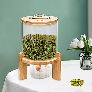DEIGEHJRE Rice Dispenser,Flour and Cereal Container, 5L Glass Food Storge Container for Kitchen Organization and Pantry Store, with Airtight Lid, Measuring Cup and Wooden Stand
