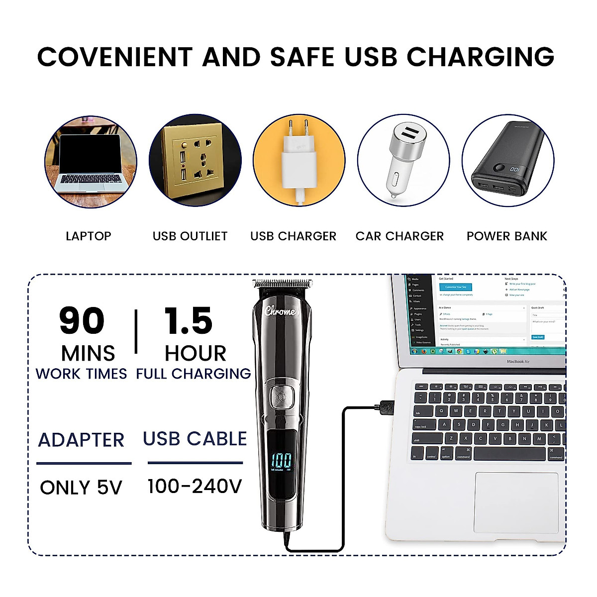 Chrome Hair Clippers & Beard Trimmer for Men, Waterproof Body All in 1 Multi-Grooming Kit, Cordless Hair Trimmer, Mustache, Nose & Ear Shaver, USB Rechargeable & LED Display