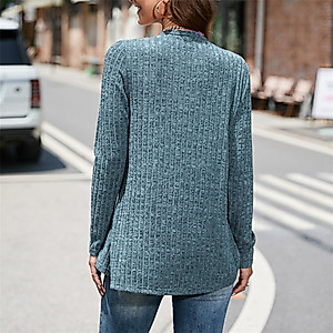 Women's Buttons Slit Hem Knit Tops Long Sleeve Crewneck Tunic Fall Clothes Solid Color Casual Pullover Sweaters (Cyan,Large)