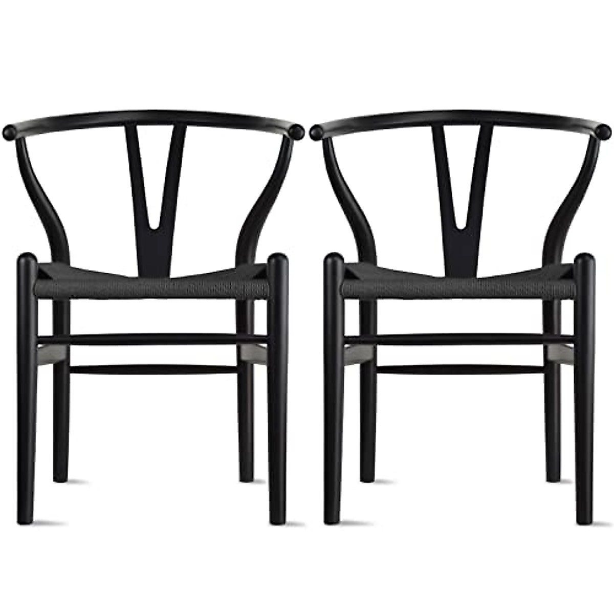 2xhome Set of 2 Wishbone Solid Wood Armchairs with Arms Open Y Back Farmhouse Dining Office Chairs with Woven Black Seat (Black)