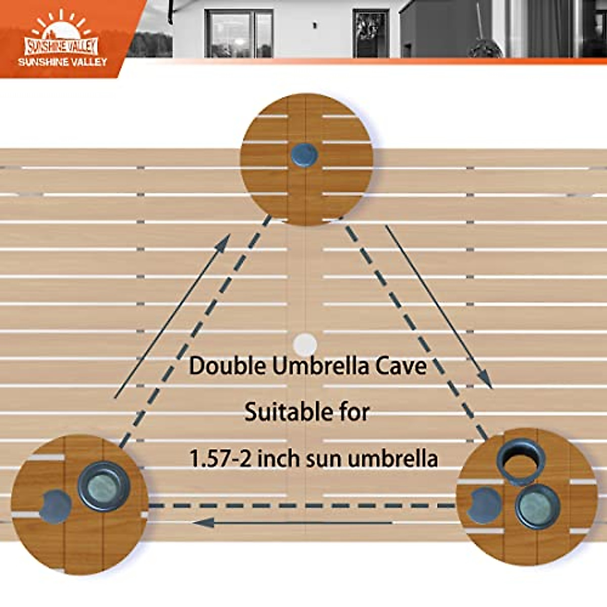 SUNSHINE VALLEY Patio Dining Sets 7 PCS, 6 x Patio Dining Rhombus Chairs Metal Material Teak Color Table Top Rectangular Dining Table with 1.57” Umbrella Hole for Outdoor Kitchen Lawn Garden,Deck.