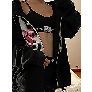 Women's Y2K Vintage Graphic Zip Up Hoodie Oversized Casual Drawstring Hoodie E-Girl 90s Streetwear Jacket Tracksuit(C-black,L)
