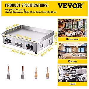VBENLEM 29" Commercial Electric Griddle 110V 3000W Electric Countertop Griddle Non-Stick Restaurant Teppanyaki Flat Top Grill Stainless Steel Adjustable Temperature Control 122°F-572°F (NO PLUG)