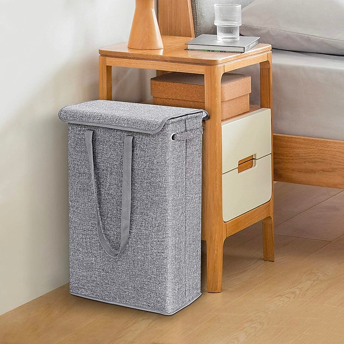 CHUBARIY Ultra-Thin Laundry Hamper with Lid, Tall Thin Waterproof Lined Narrow Dirty Clothes Hamper with Handle, Suitable for Bathroom, Bedroom, Dormitory to Organize and Store Clothes, Grey