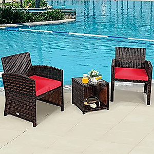 Tangkula 3-Piece Outdoor PE Rattan Furniture Set, Patio Conversation Set w/Chair & Storage Coffee Table, Detachable Cushion, Stable X-Shaped Frame, Perfect for Garden, Backyard, Poolside (Red)