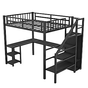 Full Size Loft Bed with Desk and Stairs Metal Full Loft Bed with Storage Wardrobe and Charging Station Adult Loft Bed with LED Lights and Adjustable Shelf for Kids Teens, Black