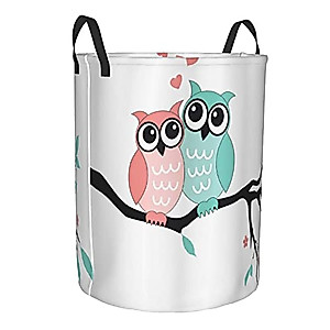 Laundry Basket,Owl Couple Sitting On Tree Branch Valentines Romance Love,Large Canvas Fabric Lightweight Storage Basket/Toy Organizer/Dirty Clothes Collapsible Waterproof For College Dorms-Large