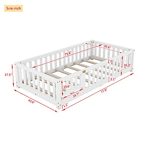 GEEVIVO Twin Size Montessori Floor Bed, Kids 1-3 Wooden Playhouse Bed Frame w/Door, Slats and Safety Fence, Floor-Bed-Frame for Children Bedroom, Boys Girls, Kids Playroom