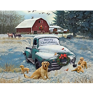 Christmas at The Barn Fabric Panel 35.5x44" David Textiles for Foust Truck and Puppies Merry Christmas