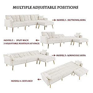 SEVENWOOD Modern Velvet Tufted Reversible Sectional Sofa Couch Bed with Removable Ottoman, Folding Sofa Sleeper Bed with Nailhead Trim Arm and Gold Metal Legs (Off White)