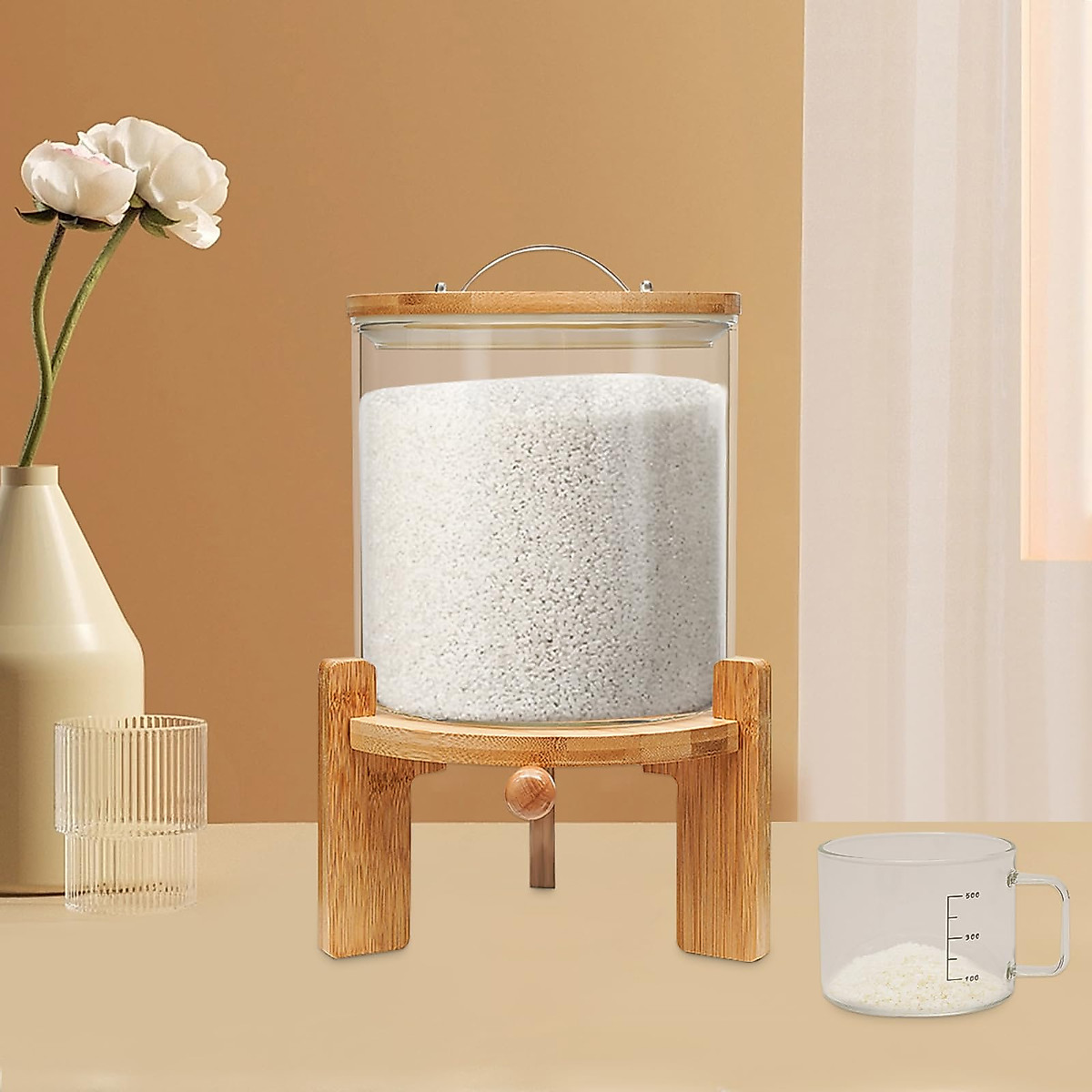 DEIGEHJRE Rice Dispenser,Flour and Cereal Container, 5L Glass Food Storge Container for Kitchen Organization and Pantry Store, with Airtight Lid, Measuring Cup and Wooden Stand