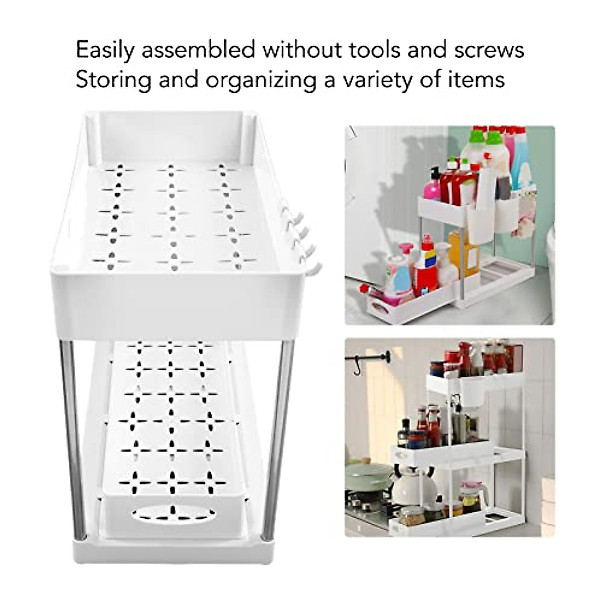 ASHATA Under Sink, Sliding Cabinet Basket, 2 Tier Storage Under Cabinet Bathroom Under Sink Organizers, for Cabinet Sliding Drawers Countertop Pantry Kitchen (White)