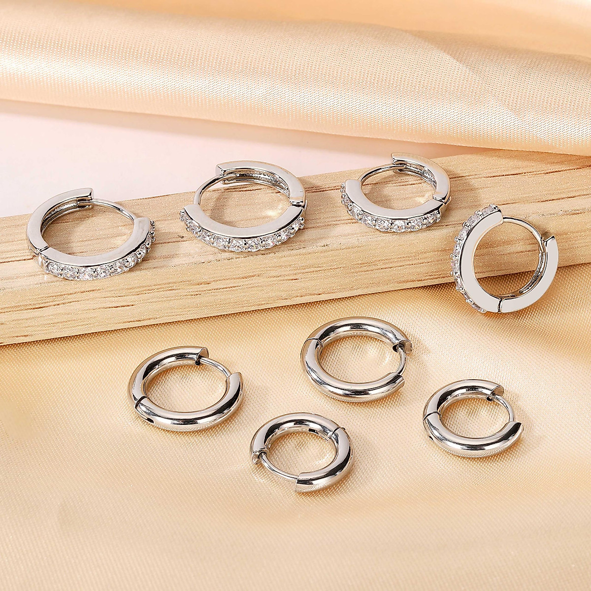 KANOUE 10 Pairs Silver Surgical Steel Earrings Sets for Multiple Piercing Lightweight Small Huggie Hoop Earrings CZ Stud Earrings for Women Trendy Cartilage Hypoallergenic