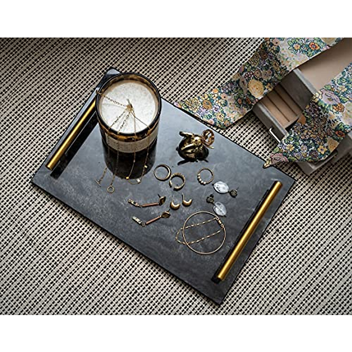 Star Dust x White Mist Natural Marble Vanity Tray with Gold Handles/Accents, Decorative Tray for Perfume Accessories, Countertop Decor for Bathroom & Kitchen; Pastry, Tapas & Dessert Serving Trays