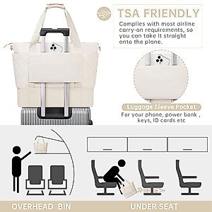 Weekender Bag for Women, 3 pcs Set Expandable Travel Duffel Bag with Toiletry Bag and Neck Pillow, Carry on Tote Overnight Bag with Shoe Compartment & Wet Pocket, Sports Gym Hospital Bag, Beige