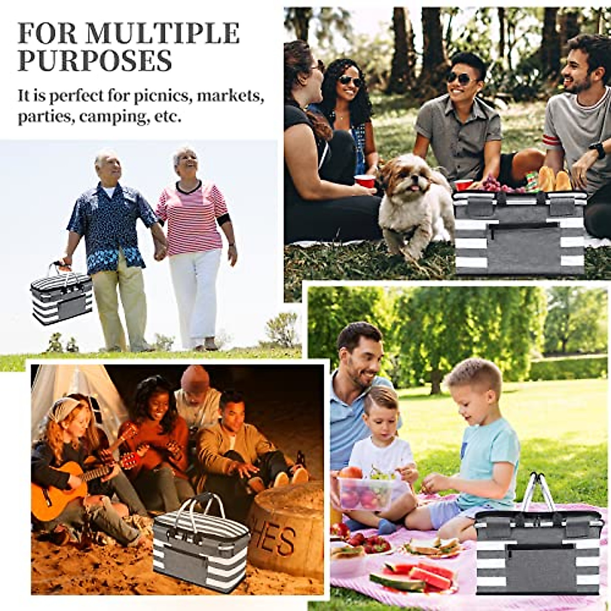 KEFOMOL Insulated Picnic Basket,Leak-Proof Collapsible Cooler Bag,26L Grocery Basket with Lid,2 Sturdy Handles,Storage Basket for Picnic,Food Delivery,Take Outs,Market Shopping,Travel (Gray)