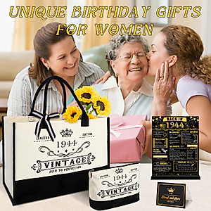 80th Birthday Gifts for Women Canvas Tote Bag Travel Gear, Unique 80 Years Old Birthday Gifts for Mom Wife Aunt Friends Her Turning 80, Vintage 1944 Beach Bag & Cosmetic Bag & Back in 1944 Poster