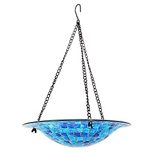 Lily's Home Hanging Colorful Mosaic Glass Bird Bath Bowl - 11" Diameter. (Blue)