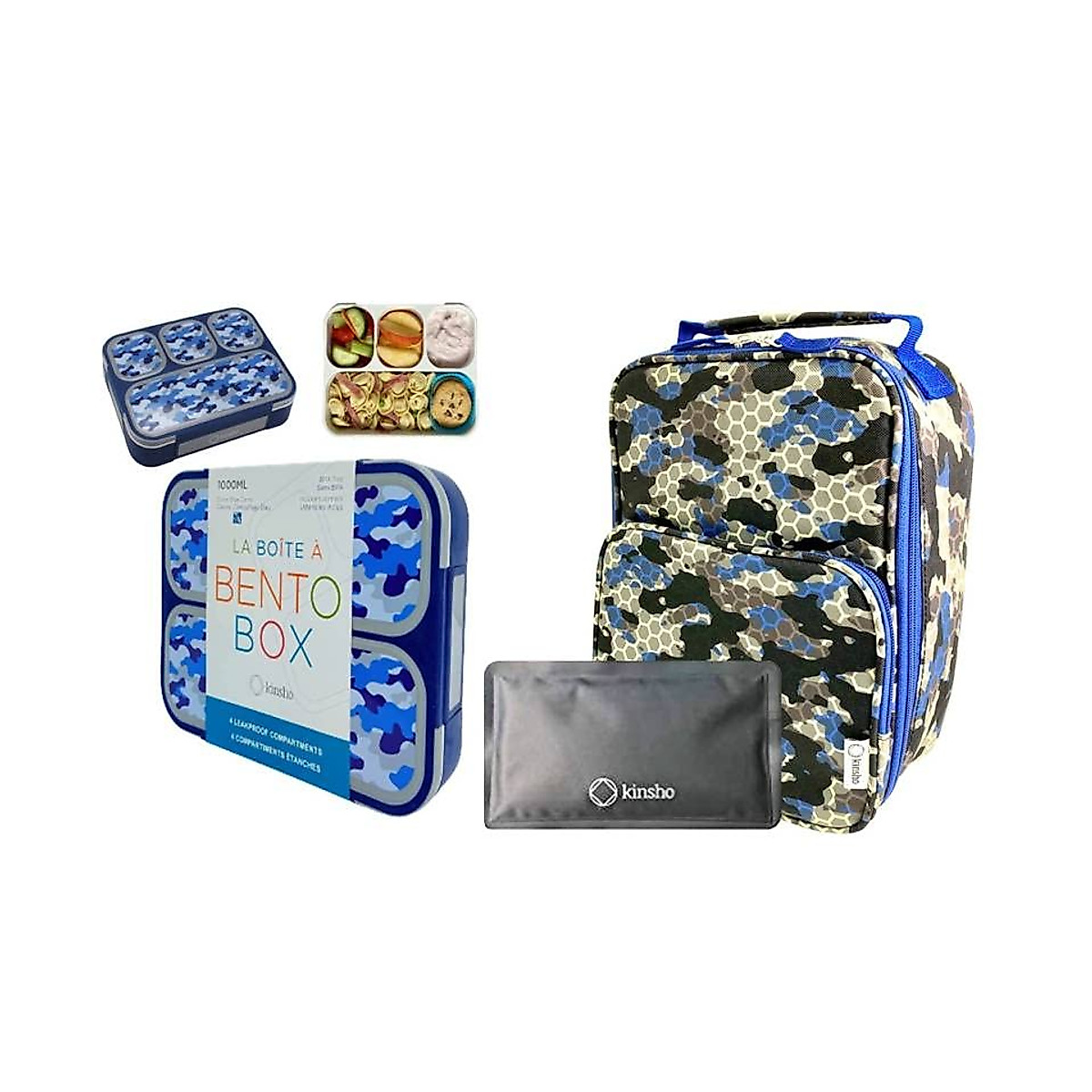 Bundle of Camo Lunch-Box for Boys 4 Compartments (Blue Camouflage) + Camo Lunch Box for Boys Kids Men with Ice Pack (Blue Black Camouflage)