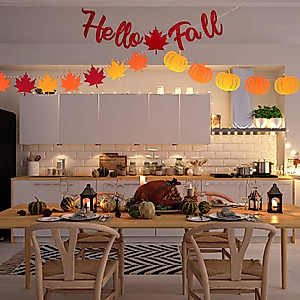 3 Pcs Hello Fall Banners Thanksgiving Fall Decoration Autumn Pumpkins Maple Leaves Garlands Mantel Bunting Harvest Banners for Fireplace Outdoors Indoors Party Hanging Celebrations Decorations (Fall)