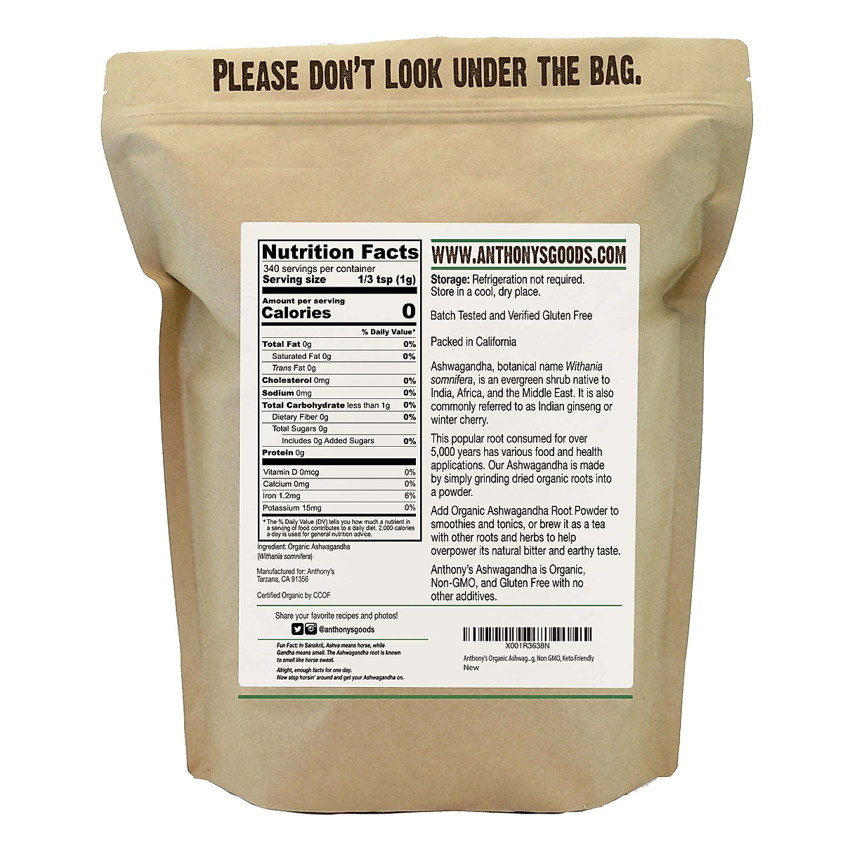 Anthony's Organic Ashwagandha Powder, 12 oz, Batch Tested Gluten Free, Indian Ginseng, Non GMO, Keto Friendly