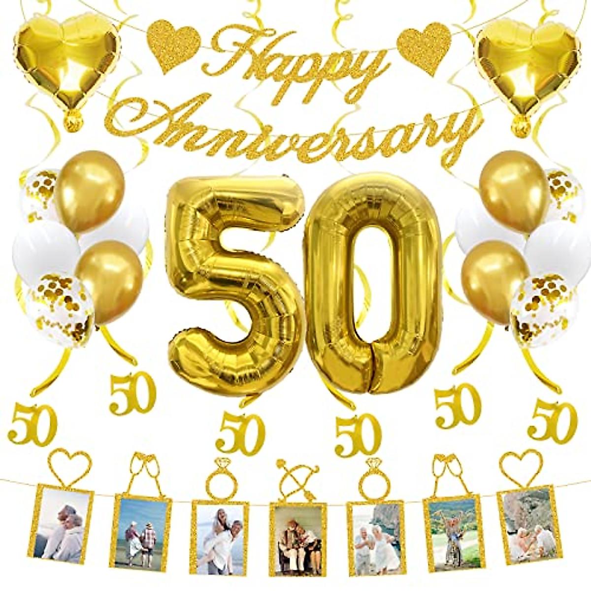 50th Anniversary Decorations Party Supplies Set of Happy Anniversary Photo Banner and Balloons,Hanging Swirls for 50 year Wedding Anniversary decor(Gold)