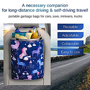 Car Trash Bag Blue, Reusable Vehicle Garbage Organizer Hanging Front Seat Pretty Cute-Unicorn Pattern for Baby Kids, Washable Auto Backseat Litter Rubbish Spill Proof Can with Storage Pocket