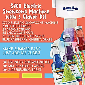 Hawaiian Shaved Ice S700 Kid-Friendly Snow Cone Machine Kit with 3 - 16oz. Syrup Flavors: Cherry, Grape, and Blue Raspberry, Plus 25 Snow Cone Cups, 25 Spoon Straws, and 3 Black Bottle Pourers
