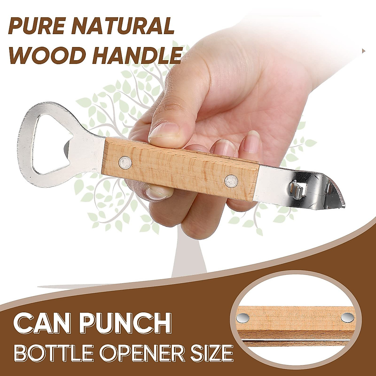 2 Pieces Magnetic Bottle and Can Openers with Wood Handle, Magnet Stainless Steel Can Punch Tappers for Beers Beverages Cans Beverages, Suitable for Camping and Traveling